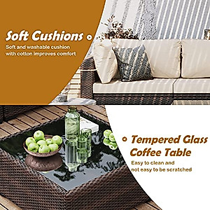 UPHA 7 Pieces Patio Furniture Set, Outdoor Sectional Brown PE Rattan Wicker Sofa Set with Cushions and Tempered Glass Coffee Table for Poolside, Lawn, Garden and Balcony