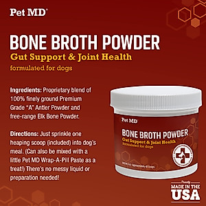 Pet MD Bone Broth for Dogs - Dog Food Toppers with Vitamins, Amino Acids, Natural Joint and Digestion Support - Made from Grade A Free Range Elk Bone Powder - 4 oz