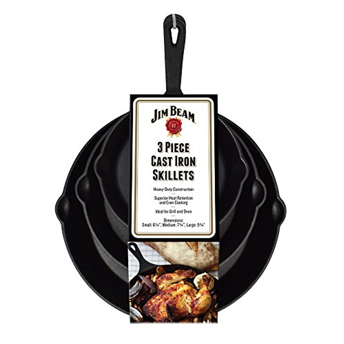 Jim Beam HEA Set of 3 Pre Seasoned Cast Iron Skillets with Even Distribution and Heat Retention-6" 8" 10", 10'', Black