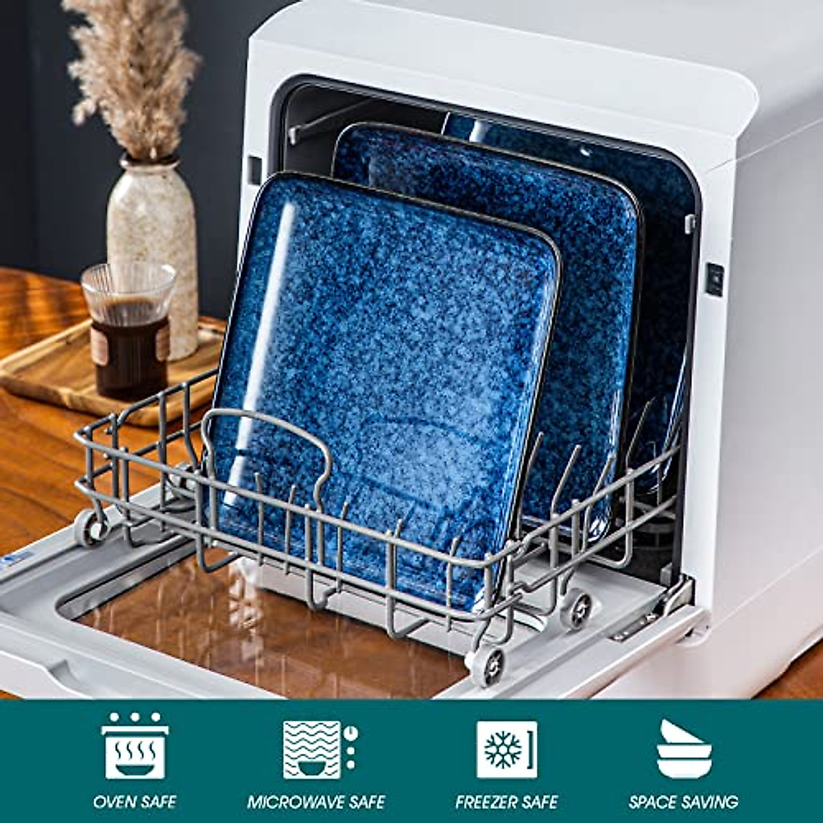 vancasso Stern Square Plate Set of 4, 10.5 Inch Dinner Plate, Reactive Change Glaze Blue Serving Plate