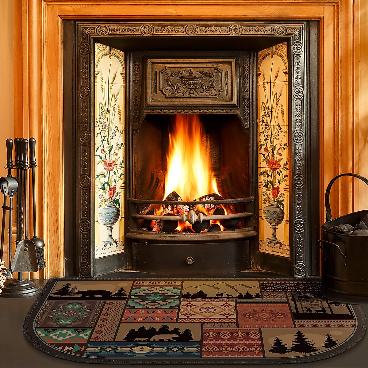 Demissle Fireplace Hearth Rug Fireplace Mats Cabin Southwestern Fireproof Fireplace Rug Fire Resistant Mat for Wood Stove Floor for Kitchen Indoor Outdoor(27 x 48 Inch,Classic)