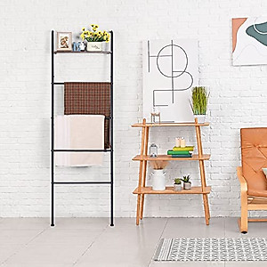 LIANTRAL Blanket Ladder, Towel Ladder for Bathroom, Wall Leaning Towel Ladder Blanket Holder Rack with Wood Shelf for Living Room Bathroom, Decorative Ladder for Blankets (5-Tiers, Black)