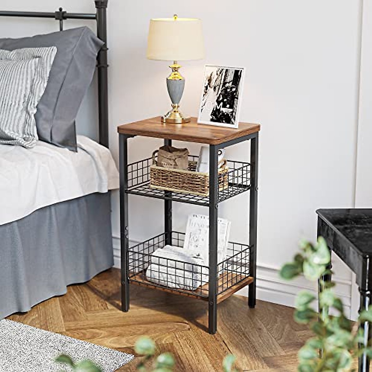CubiCubi End Table, Small Side Table Nightstand with Storage Shelf for Living Room Bedroom, 3-Tier Sofa Table with Metal Frame, Deep Brown