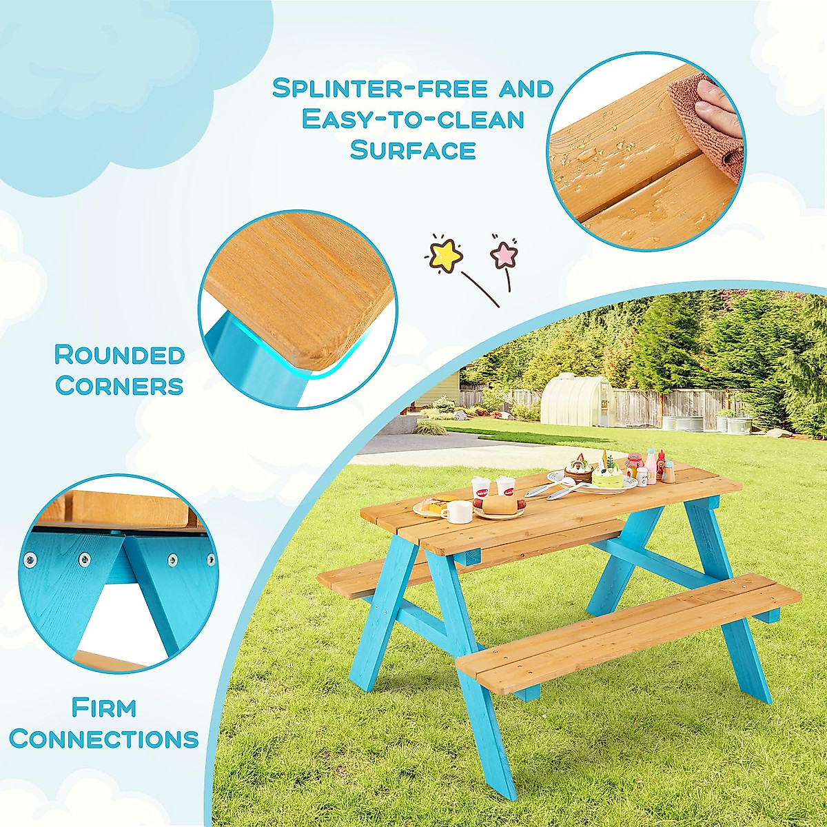 Costzon Kids Picnic Table, Fir Wood Children’s Activity Table with Benches, Toddler Patio Furniture Set, Kids Table and Chair Set for Outdoors, Backyard, Garden, Lawn, Gift for Boys Girls 3+