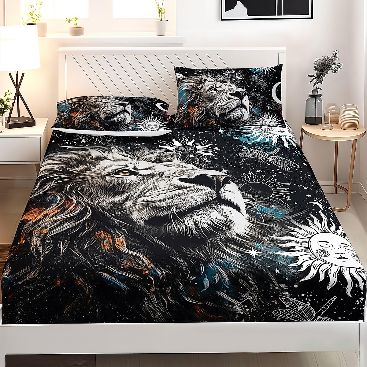AILONEN Lion Print Twin Size Fitted Sheet Set for Boys, Sun and Moon Bed Sheet Cover Set Twin,3 Pieces Black and White Sheet Set Twin Galaxy Lion Fitted Sheet with 2 Pillowcases
