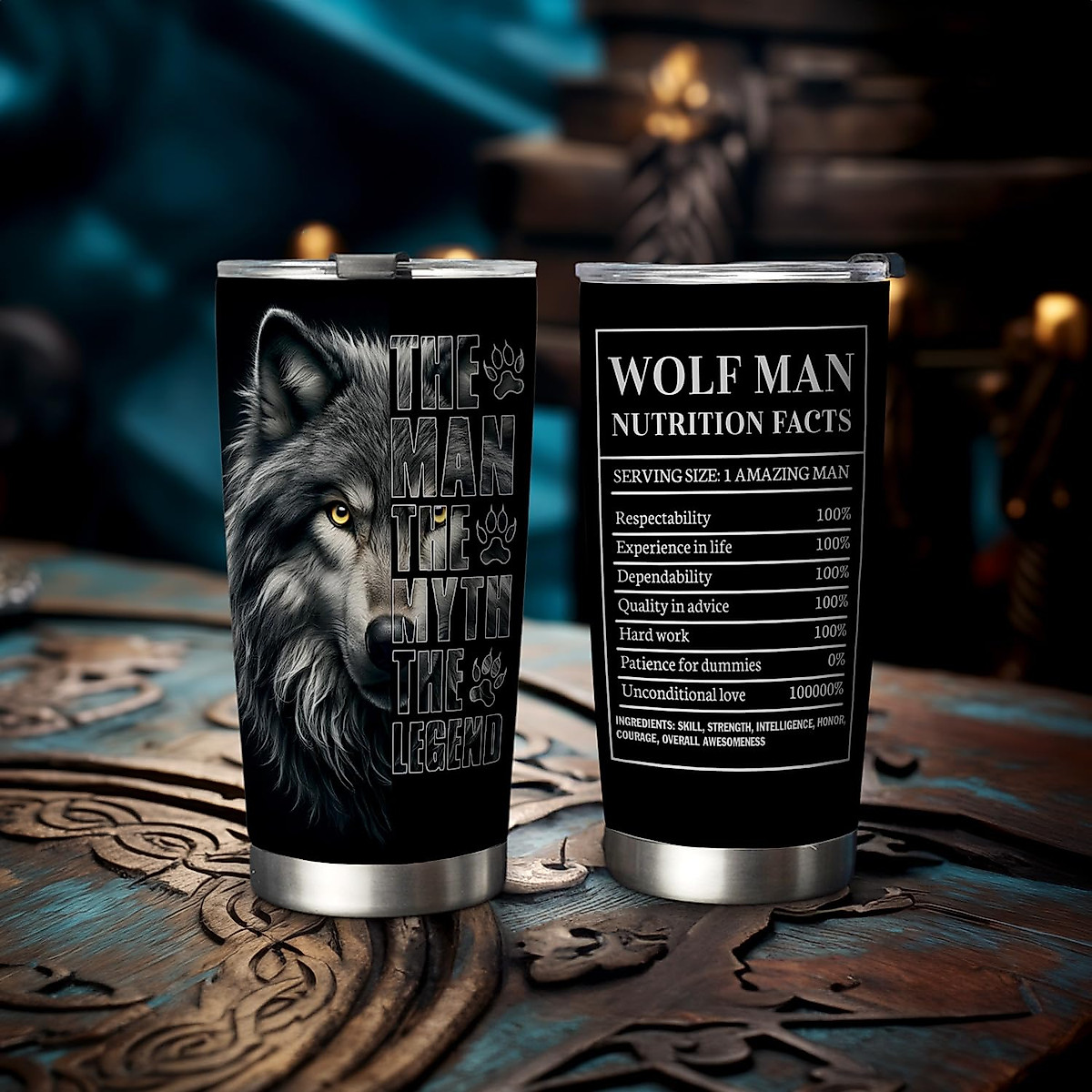 20oz Wolf Tumbler, Wolf Man Nutrition Fact The Man The Myth The Legend, Wolves Gifts, Coffee Thermos for Men, Stainless Steel Double Wall Vacuum Insulated Coffee Mug, Travel Cup with Lid