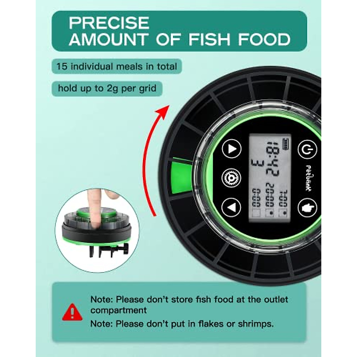 Petbank Automatic Fish Feeder for Aquarium - Rechargeable Fish Feeder Automatic Dispenser with Timer, Moisture-Proof and Precise Feeding Auto Fish Feeder for Vacation with USB Cable, LCD Display