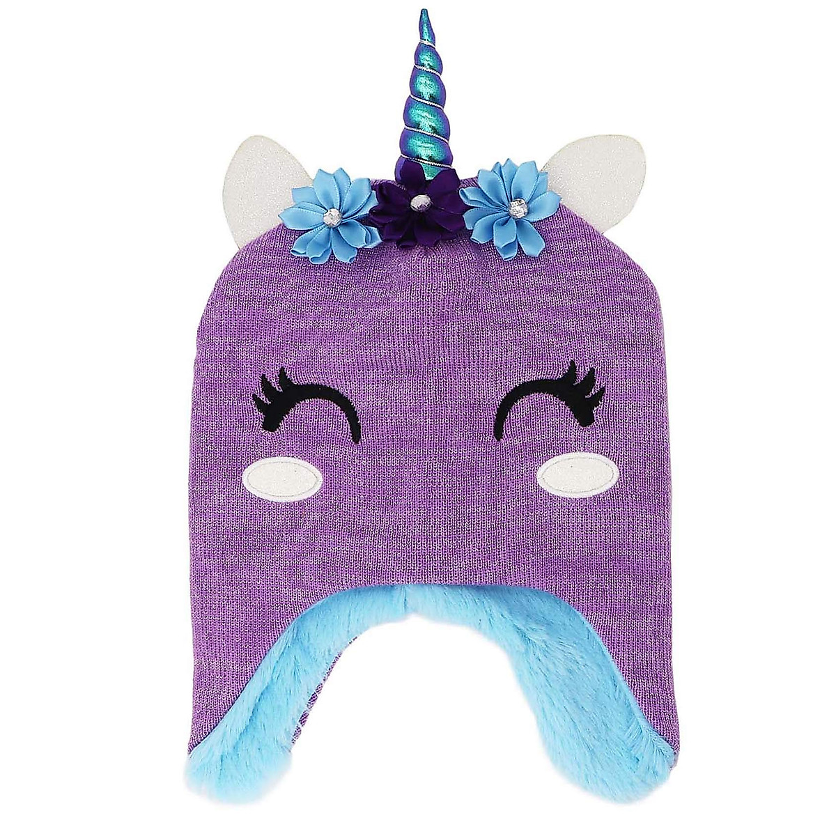 Little Girls Winter Unicorn Beanie Hat and Gloves Set Kids Knitted Earflap Cap Flip Top Mitten Set