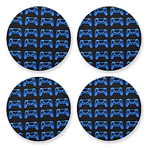 Video Game Joystick Gamepad in Blue Neon Lights Isolated on Black 4 Pcs Tea Wooden Round Coaster Set, Non-Slip Lightweight Wooden Coaster for Party Home Office Kitchen Bar Coffee Table