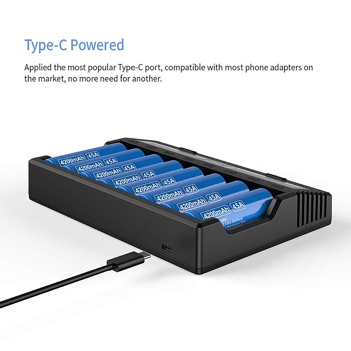 8 Bays Charger USB C Battery Charger XTAR VC8 Type C 3A Fast Charger 8-Bay Smart Charger LCD Display for 3.6V 3.7V Li-ion 1.2V Ni-MH C (Package Not Including Battery)