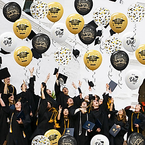 75 Pack Graduation Party Decorations Balloons Set - 12 Inch Black Gold Graduation Balloons with Balloon Ribbons for Graduation Party Decoration Supplies