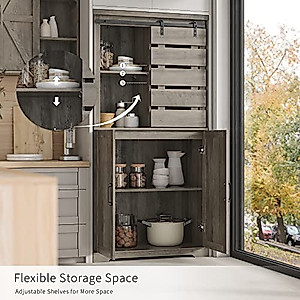 HOSTACK Tall Farmhouse Storage Cabinet, Sliding Barn Door Kitchen Cabinet with Adjustable Shelves, Freestanding Bookcase Buffet Cabinet for Kitchen, Dining Room, Living Room, Home Office, Ash Grey