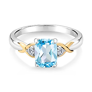 Gem Stone King 925 Silver and 10K Yellow Gold 8X6MM Cushion Cut Gemstone Birthstone and 2MM White Lab Grown Diamond 3-Stone Engagement Ring | Wedding Anniversary Promise Ring For Women