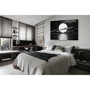 Cao Gen Decor Art S06481 Wall Art Canvas Sea White Full Moon in Night Picture Canvas Poster Print Black and White Ocean for Living Room Bedroom Kitchen Home Decorations Framed Artwork