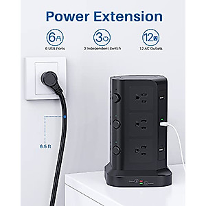 Power Strip Tower by KOOSLA, [15A 1500J] Surge Protector - 12 AC Multiple Outlets & 6 USB Ports, Flat Plug 14 AWG Heavy-Duty Extension Cord 6.5ft, Home Office Supplies, Dorm Room Essentials Black