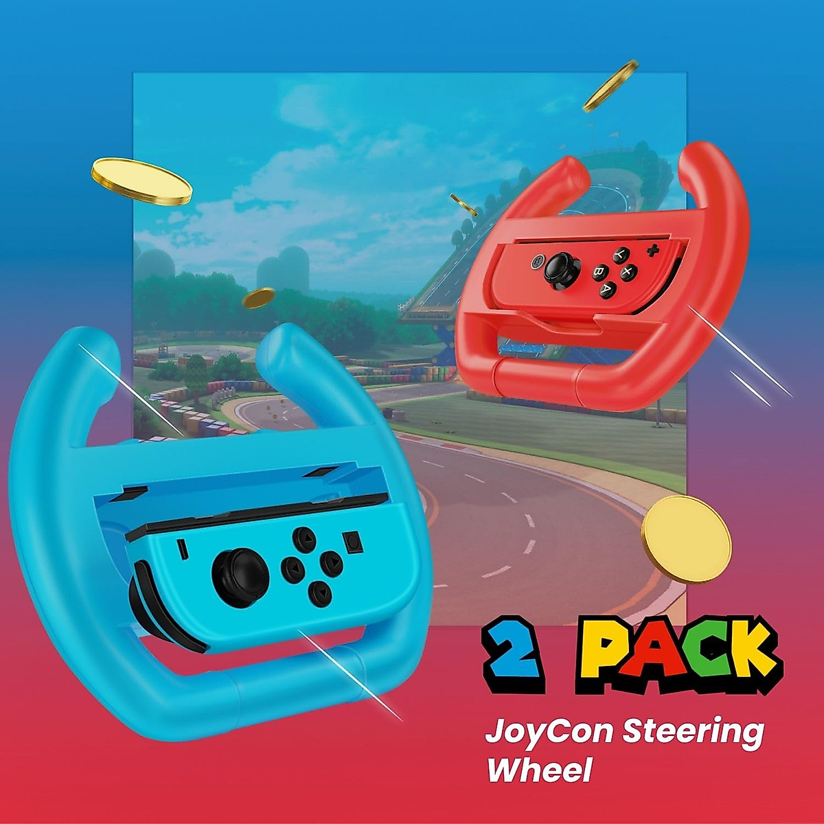 TNP Racing Wheel for Nintendo Switch/Switch OLED Joy-Con Controller (Set of 2 Red + Blue) Racing Steering Wheel Controller Accessory Grip Handle Kit Attachment