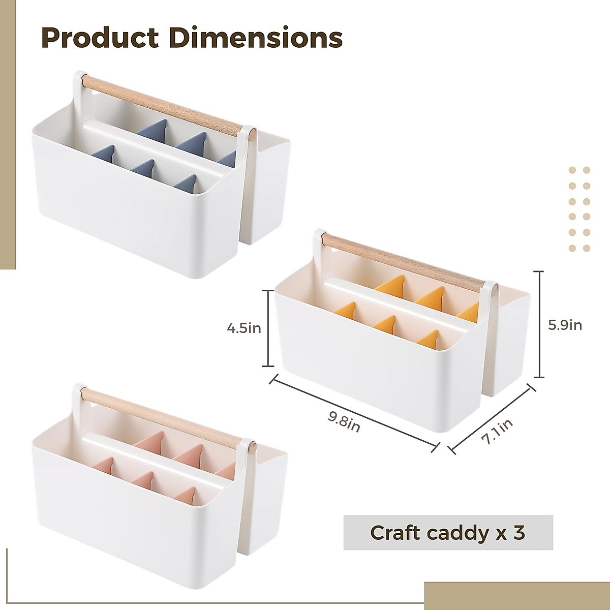 Lnrueg 3 PCS Craft Caddies with Handle,9.8'' x 7.1'' x 5.9'' Caddy Organizer With Handle, Divided Baskets for Pencil Caddy、marker caddy、art bin, Diaper Organizer Caddy with Detachable Dividers
