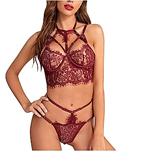 wodceeke Women's Lace Halter Sexy Split Plus Size Lingerie Perspective Embroidered Seductive Pajamas Bandage Bodysuit (Wine, M)