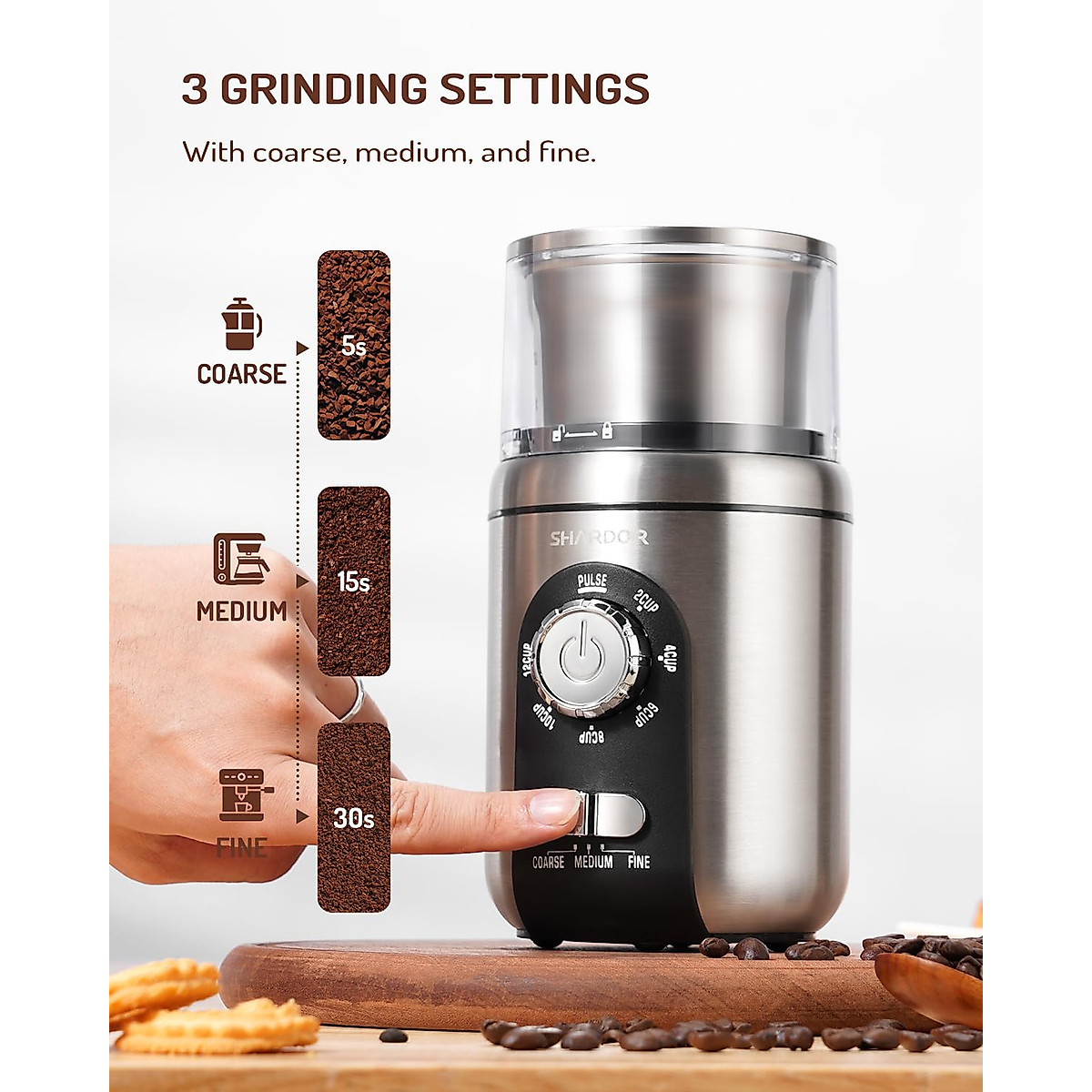 SHARDOR Adjustable 12 Cup Coffee Grinder Electric with 3 Grinding Settings, Stainless Steel Coffee Bean Grinder for Spice Nut Herb, Espresso Grinder with 1 Removable Stainless Steel Cup