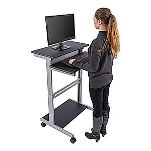 S STAND UP DESK STORE Rolling Adjustable Height Two Tier Standing Desk Computer Workstation (Silver Frame/Black Top, 32 Wide)