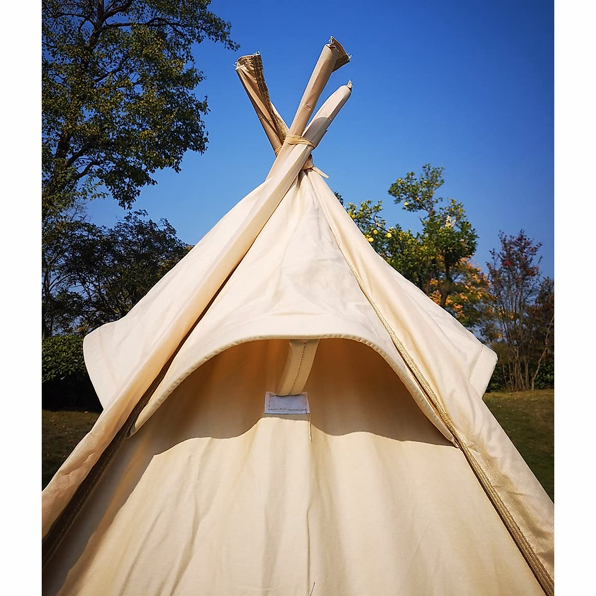 7’x7’x6.5’Outdoor Cotton Canvas 2-3 Person 3 Seasons Bell Teepee Tent with Double Door Spire Tent Pyramid Tents for Family Camping