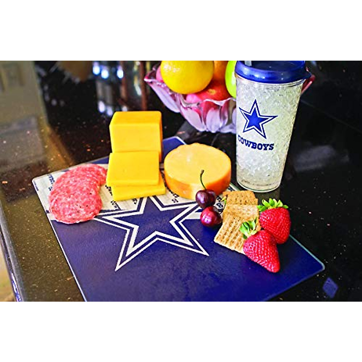 Duck House NFL Dallas Cowboys Tempered Glass Cutting Board with Display Stand, White ,10" X 14"