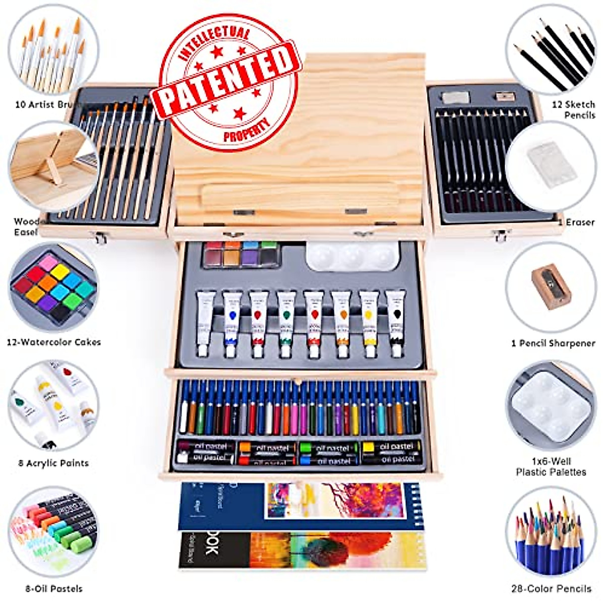 Paint Set,85 Piece Deluxe Wooden Art Set Crafts Drawing Painting Kit with Easel and 2 Drawing Pads, Creative Gift Box for Teens Adults Artist Beginners,Art Kit,Art Supplies