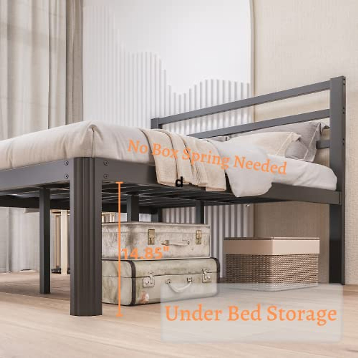 Woozuro California King Bed-Frame and Non Slip Mattress Stoppers,18 Inch Metal Platform Bed Frame,Non-Slip Mattress Foundation, Heavy Duty Steel Slats Support,No Box Spring Needed, Black