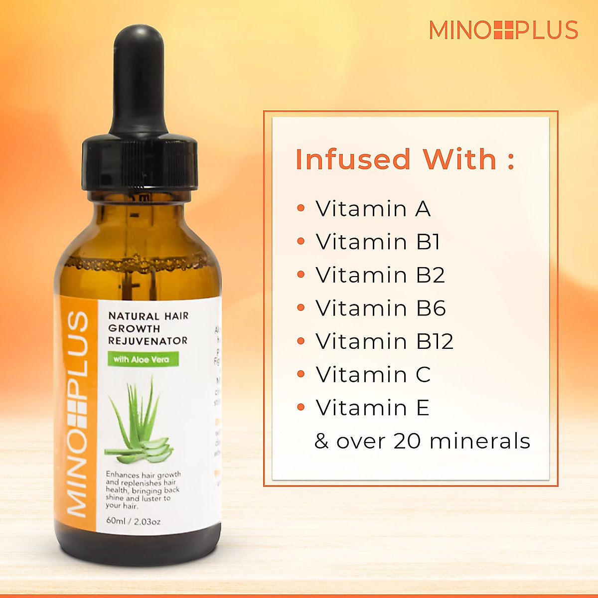 Mino Plus Natural Hair Growth Serum - 60ml / 2fl oz – For Longer, Stronger Thicker, Fuller Hair - Formulated to Prevent Hair Loss, Hair Fall, with Aloe Vera