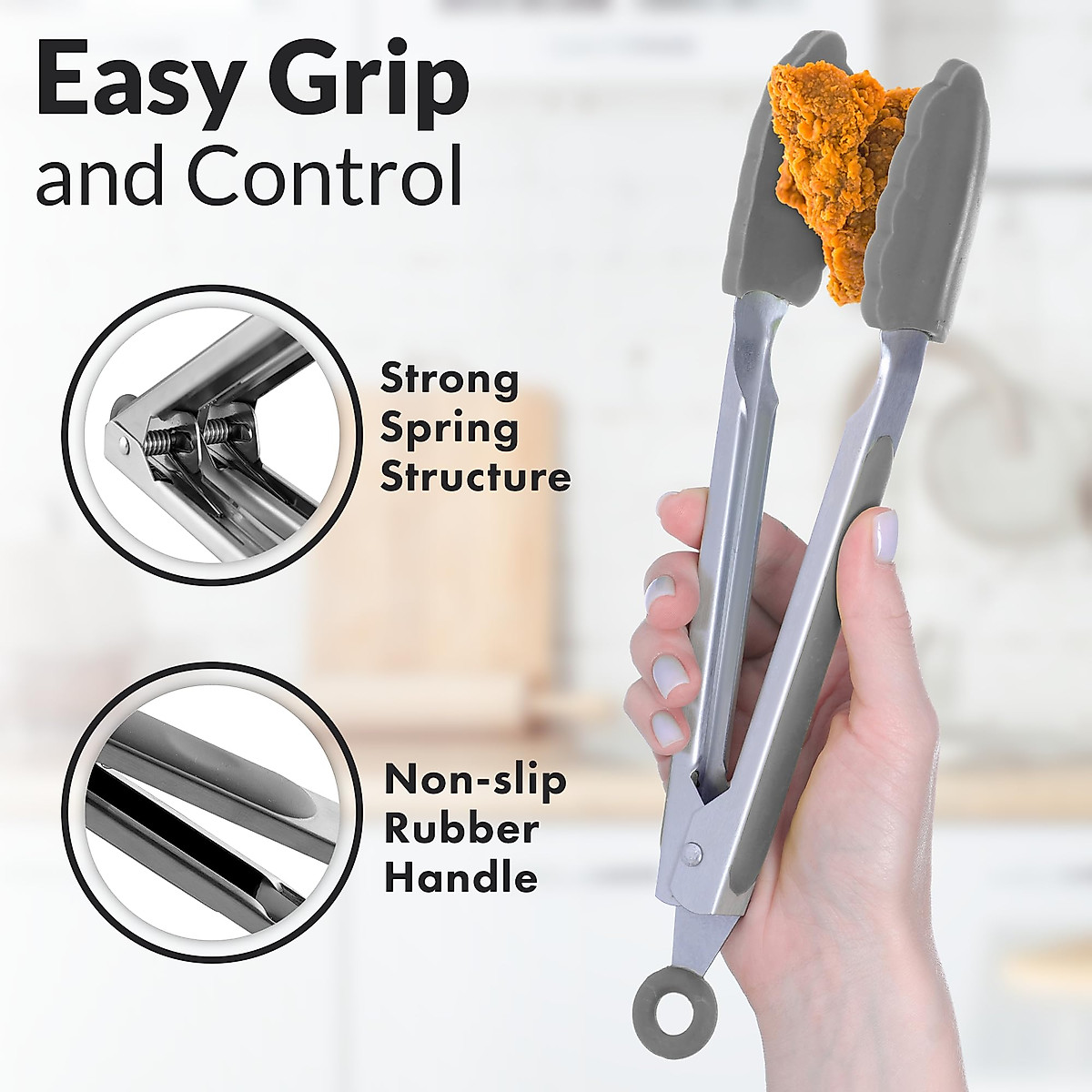 Zulay Kitchen Heat Resistant BBQ Kitchen Tongs Stainless Steel (9" & 12") - 2 Piece Non-Scratch Silicone Tip - Salad Tongs With Strong Grip for Grabbing Food - Easy Pull Lock - Silver/Gray