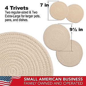 Round Cotton Trivets Set of 4 in Beige by Beets & Berry, 7 inch and 9 inch Diameter, Pot Holders, Hot Pads, Hot Mats, 100% Pure Eco Cotton, Boho, Farmhouse, Mid Century Modern, Kitchen Decor