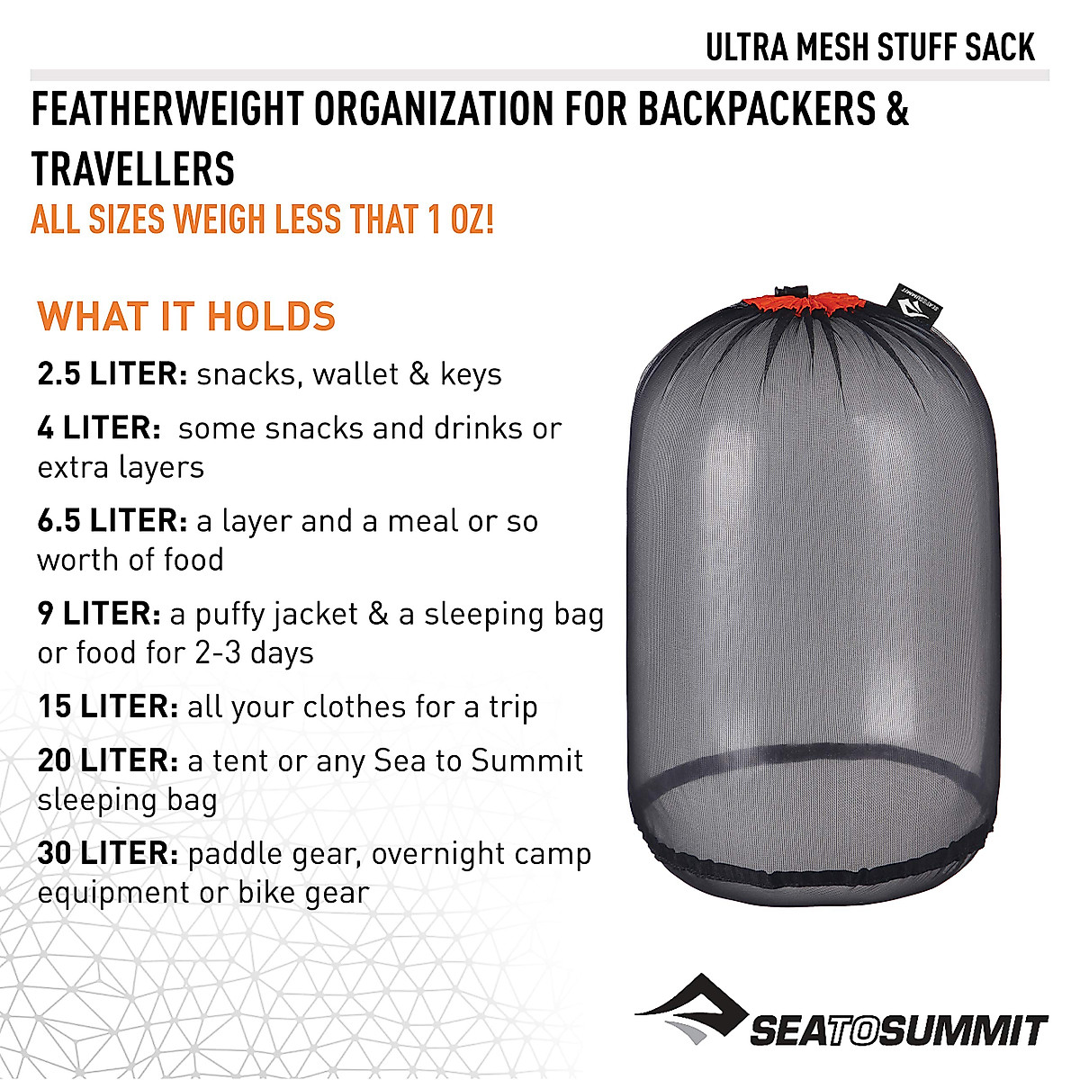 Sea to Summit Ultra-Mesh Stuff Sack, Featherweight Outdoor and Travel Storage, XX-Small / 2.5 Liter