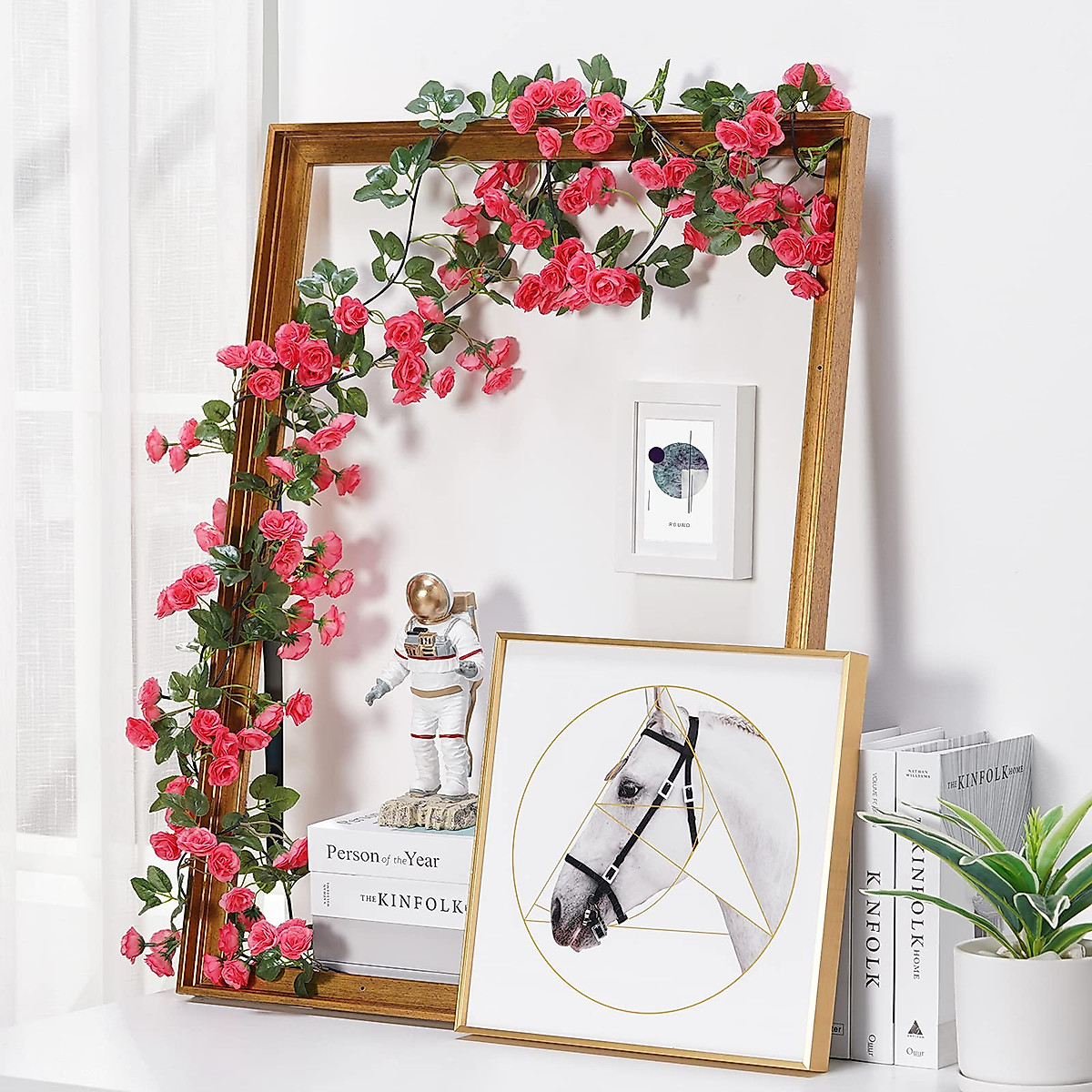 Houele 2 Pack (16FT) Fake Rose Vine Flowers Plants Artificial Rose Vine Flowers for Wedding Home Party Garden Craft Art Decor(Rose Pink)