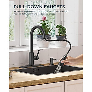 FORIOUS Black Kitchen Faucet with Soap Dispenser, Kitchen Faucet with Pull Down Sprayer, Classic Stainless Steel Kitchen Sink Faucet, Updated High Arc Single Hole Faucet for Kitchen Sink RV Bar Camper