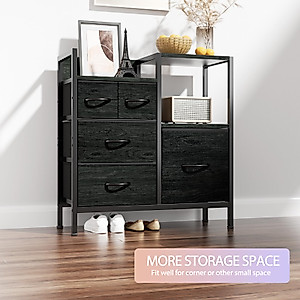 Furnulem Dresser for Bedroom Organization Fabric Dresser Units with 5 Storage Drawers Sturdy 2 Tier Shelf Large Space Dresser Bedroom Dresser for Hallway Entryway Dorm Black