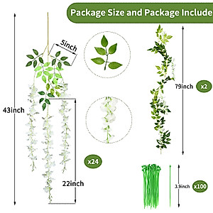 24 PCS Wisteria Artificial Flower 3.6 Feet Vine Ratta Hanging Garlands Silk Flowers String with 2 Pack Artificial Flowers Garland for Home Party Wedding Garden Outdoor Ceremony Greenery Wall White