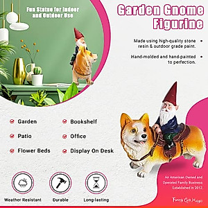 Funny Guy Mugs Garden Gnome Statue - Gnome Riding a Corgi - Indoor/Outdoor Garden Gnome Sculpture for Patio, Yard or Lawn