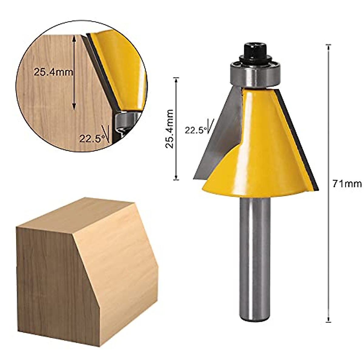 Wolfride 3Pcs Chamfer Router Bit Set 1/4 Inch Shank Bevel Router Bits 15 22.5 30 Degree