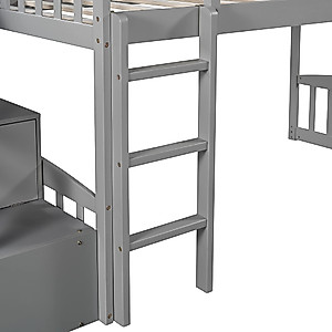 Harper & Bright Designs Twin Size Loft Bed with Slide and Stairway, Wooden Low Loft Bed with Storage for Kids Girls Boys (Gray)