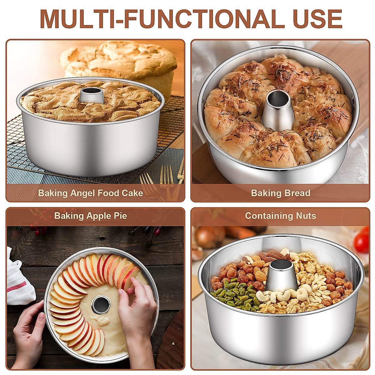 P&P CHEF Angel Food Cake Pan, 10 Inch Cake Pan Round Baking Tube Tin for Baking Pound Cakes, Conical Hollow & One-piece Design, Stainless Steel Core & Heavy-duty, Oven Safe - Silver