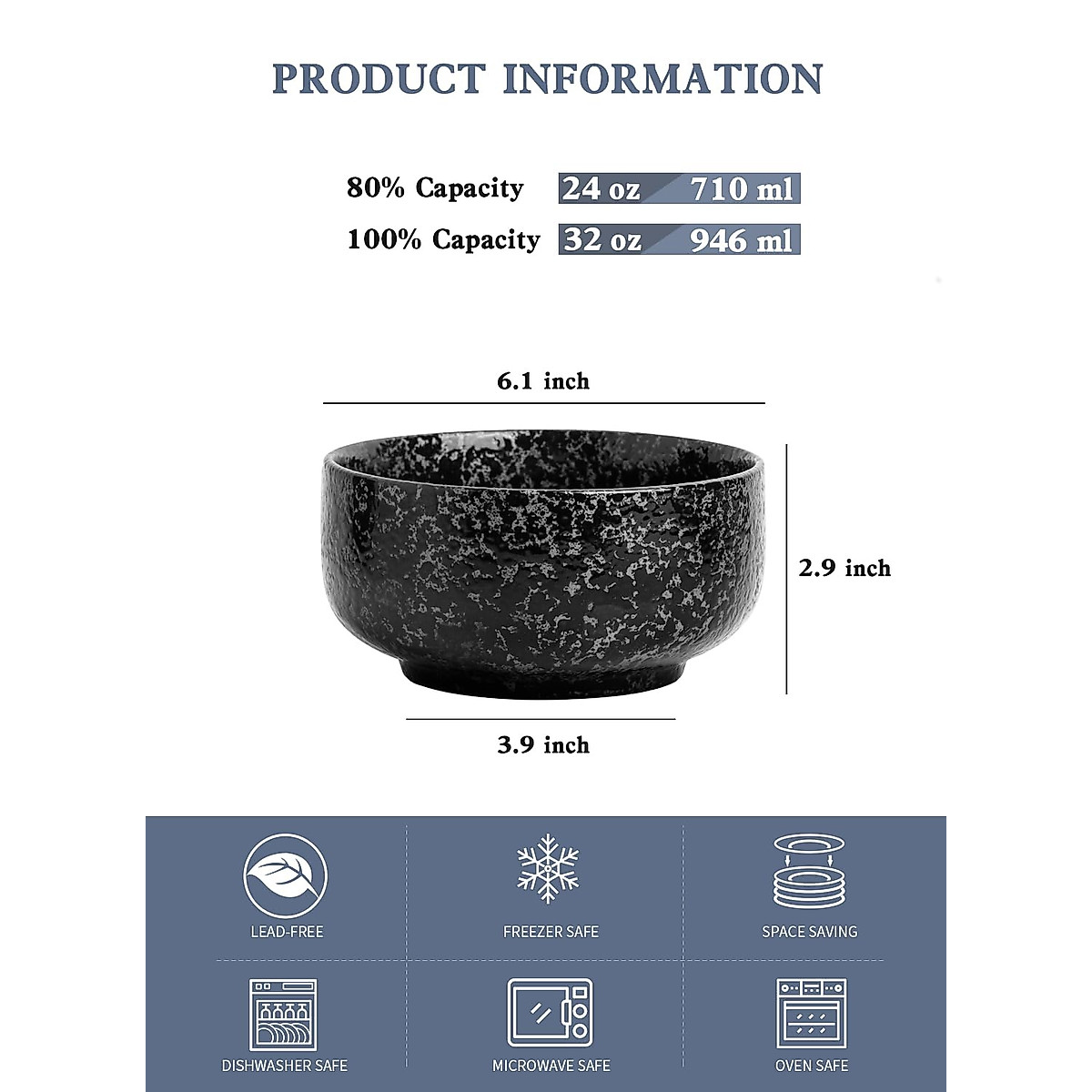 Kanwone Ceramic Bowls - 32 Ounce Bowl Set for Cereal, Salad, Noodle and Soup, Japanese Noodle Bowls - Set of 4, Black, Microwave and Dishwasher Safe