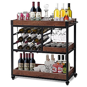 4 EVER WINNER Bar Carts for Home, Home Bar Serving Cart with 12 Bottle Wine Rack and Wine Glasses Holder, Rustic Rolling Bar Cart with Removable Shelves for Home