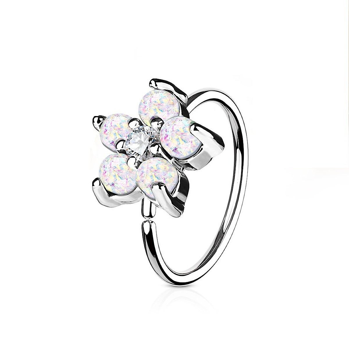 Opal Glitter Set Flower Petals CZ Center 316L Surgical Steel WildKlass Hoop Ring for Nose & Ear Cartilage (White)