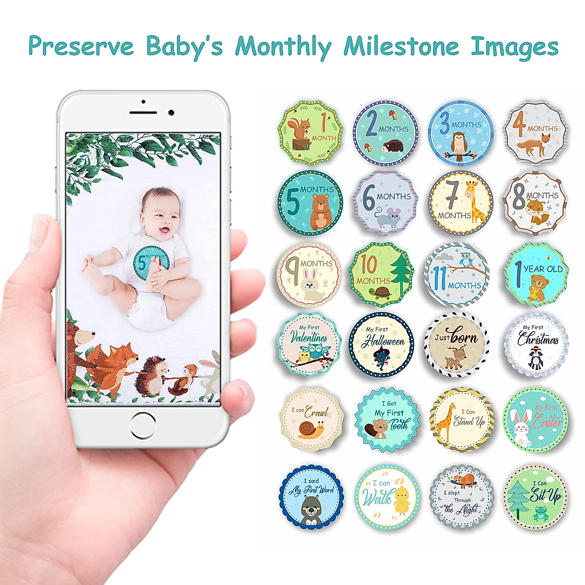 Baby Monthly Milestone Blanket, Unisex Woodland Monthly Blanket and Milestone Stickers for Newborn Baby Shower, Unisex Baby Growth Chart Monthly Blanket for Boy and Girl,