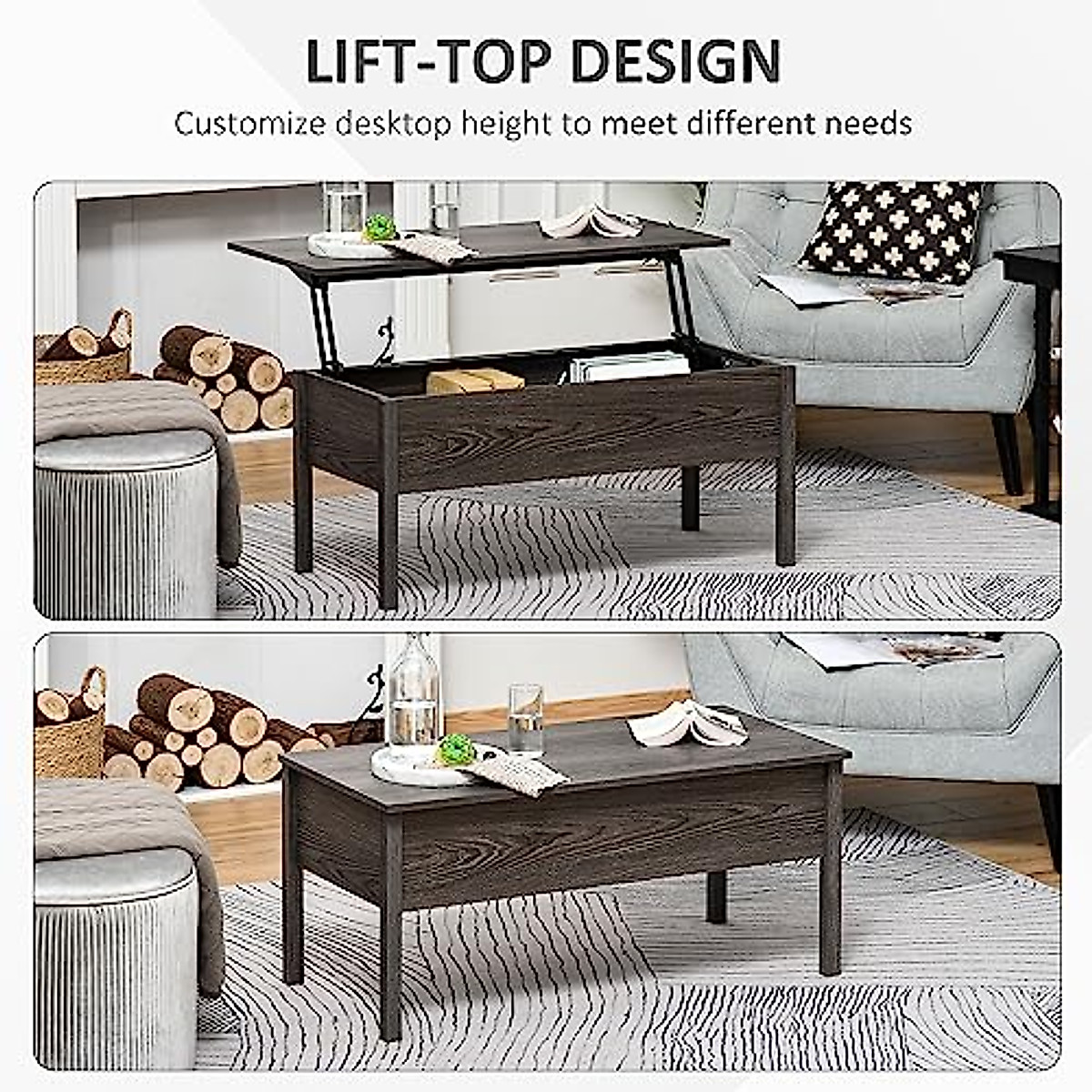 HOMCOM 39" Modern Lift Top Coffee Table Desk with Hidden Storage Compartment for Living Room, Light Grey Woodgrain