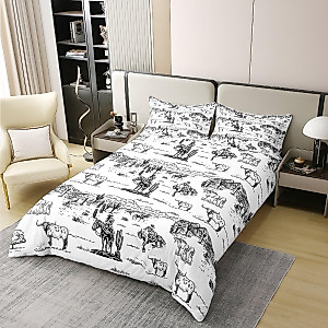 100% Nature Cotton Western Cowboy Duvet Cover Queen Size 3 Pcs for Children Vintage Southwest Style Bedding Set Room Decor Gifts Desert Cactus Cow Horse Comforter Cover,Ultra Soft