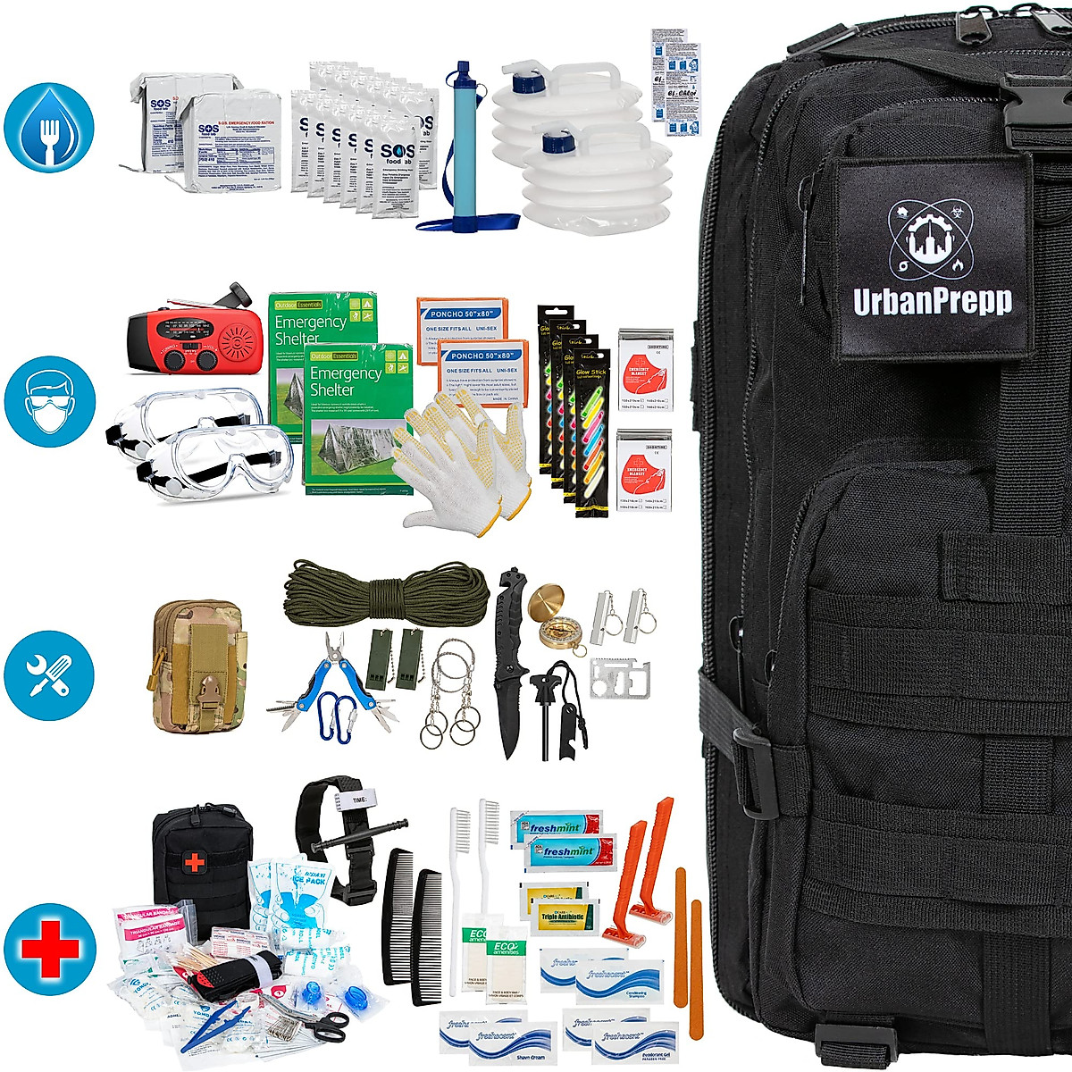 UrbanPrepp Complete 72 Hour Survival Kit - 2 Person Survival Kits, Deluxe Bug Out Bag, Emergency Bugout Backpack for Floods, Blackout, Disaster Preparedness Earthquake Supplies, Survival Pack