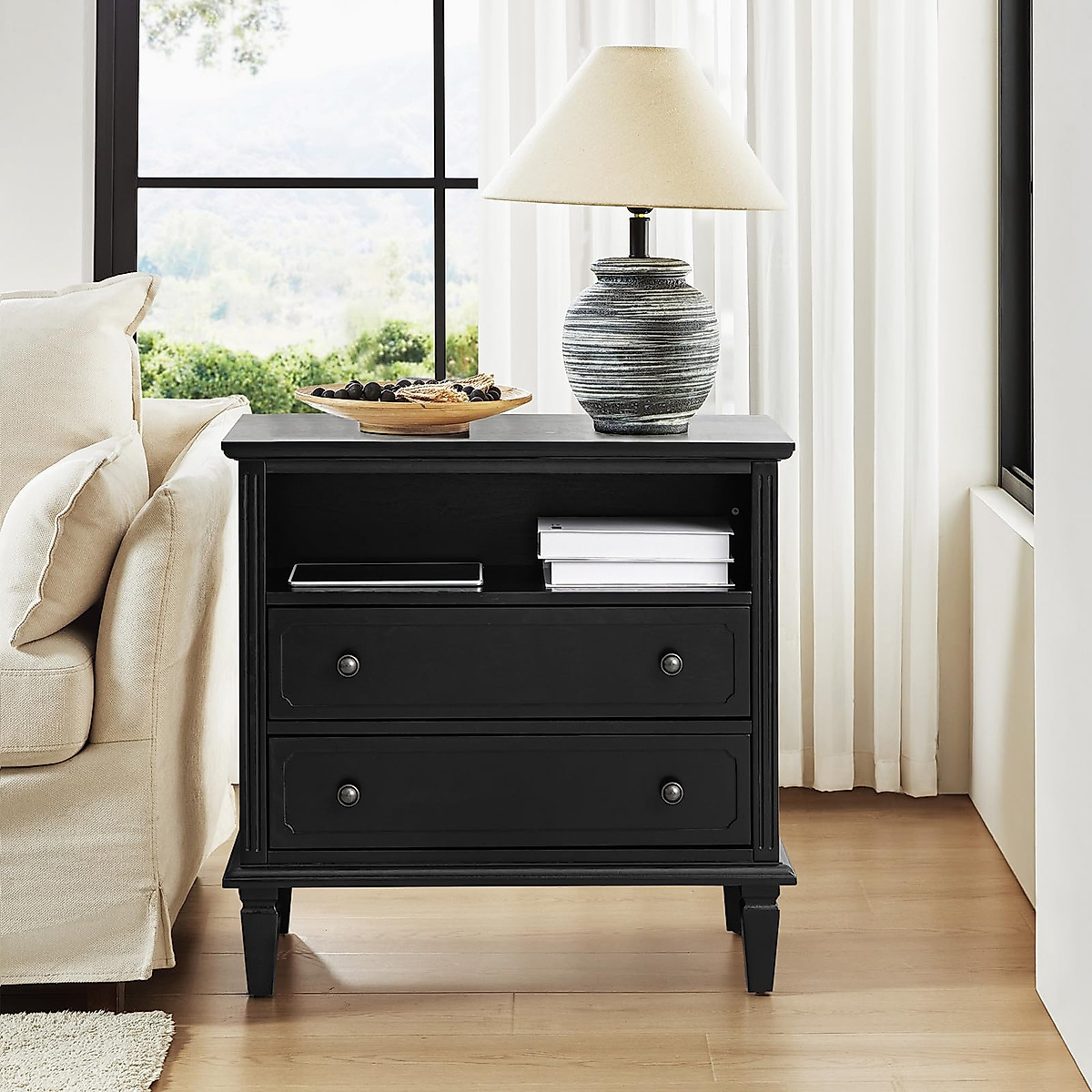 HULALA HOME Farmhouse Nightstand with Charging Station, Set of 2 End Table with USB Ports and Outlets, Fluted Pilasters Bedside Table with Open Space Dresser for Bedroom,Black