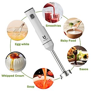 Cordless Hand Blender, UTALENT Variable Speed Immersion Blender Rechargeable, with 500ml Chopper, 600ml container, Egg Whisk, for Smoothies, Baby Food and Soups – White