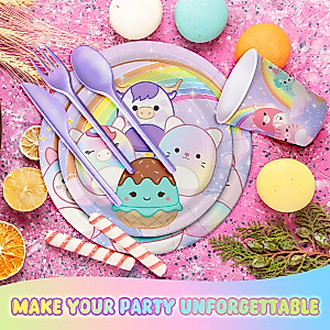 CAILESS Kawaii Squish Birthday Party Supplies, 117Pcs Cute Kitty Animal Party Decoration Include Plates Cups Napkins Cutlery Tablecloth Disposable Set Serves 16 Guests for Kids Birthday Party